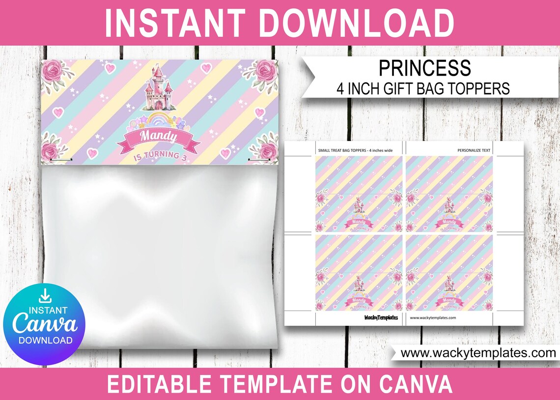 Princess Birthday Party Gift Bag Toppers Food Labels Tags Table Castle ...