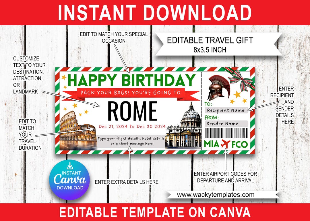 ROME COLOSSEUM ITALY Editable Boarding Pass Ticket Template Voucher ...
