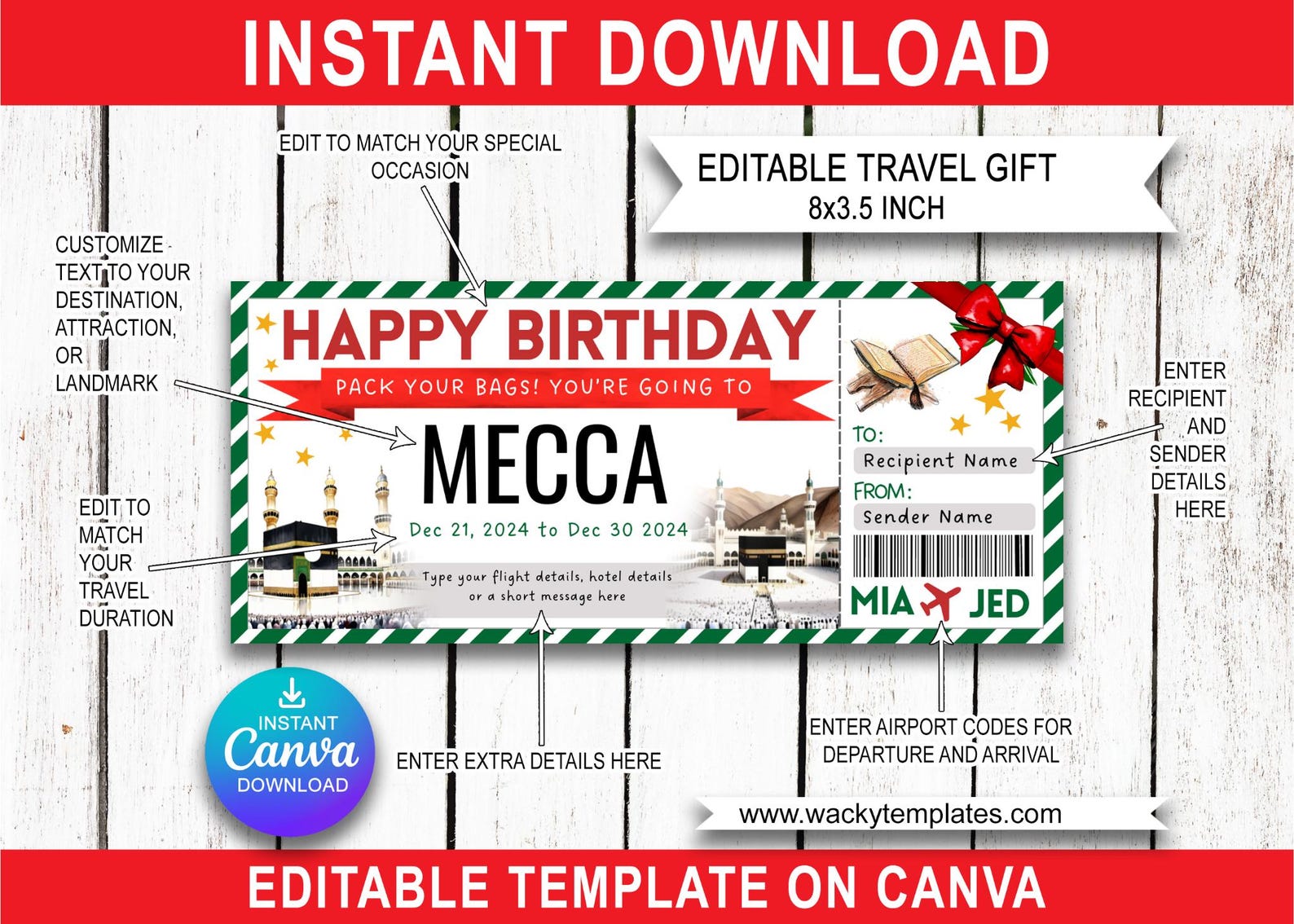 MECCA SAUDI JEDDAH Edit Boarding Pass Ticket Template Voucher Surprise ...