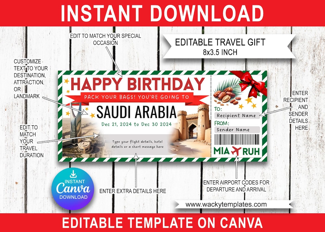 SAUDI ARABIA RIYADH Jeddah Edit Boarding Pass Ticket Template Voucher ...