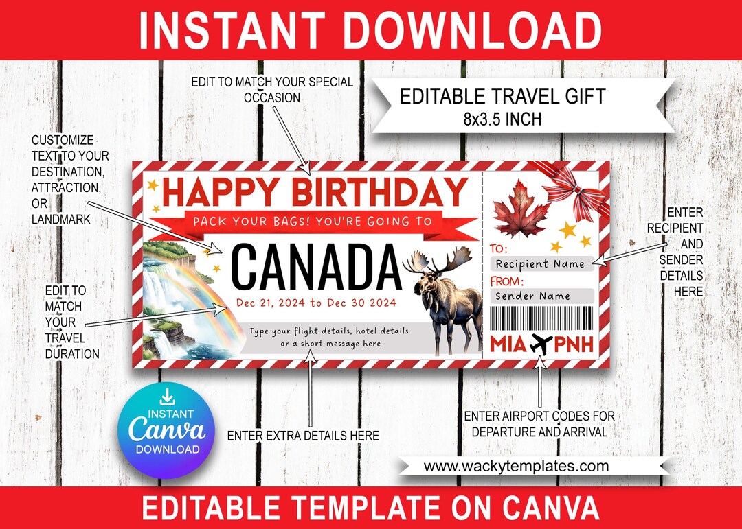CANADA Editable Boarding Pass Ticket Template Voucher Surprise Trip ...