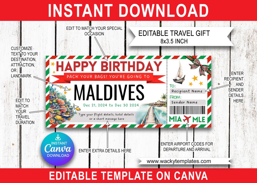 MALDIVES MALÉ ADDU City Editable Boarding Pass Ticket Template Voucher ...