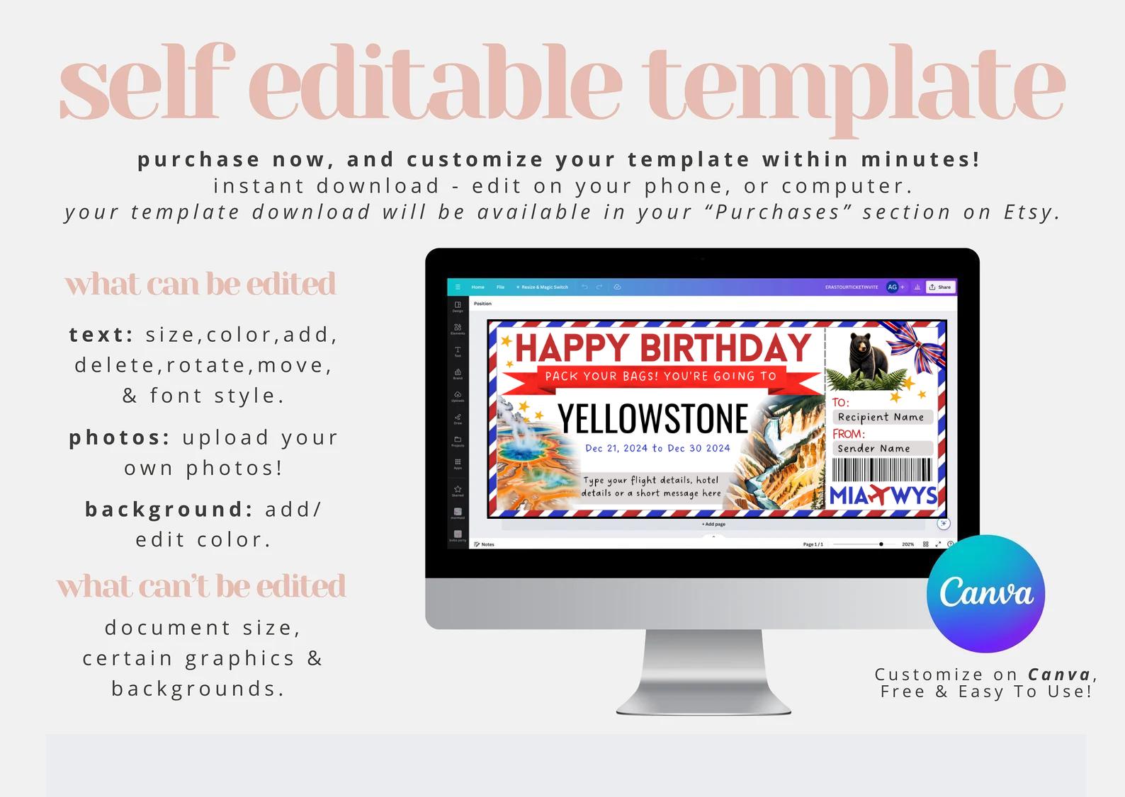 YELLOWSTONE Editable Boarding Pass Ticket Template Voucher Surprise ...