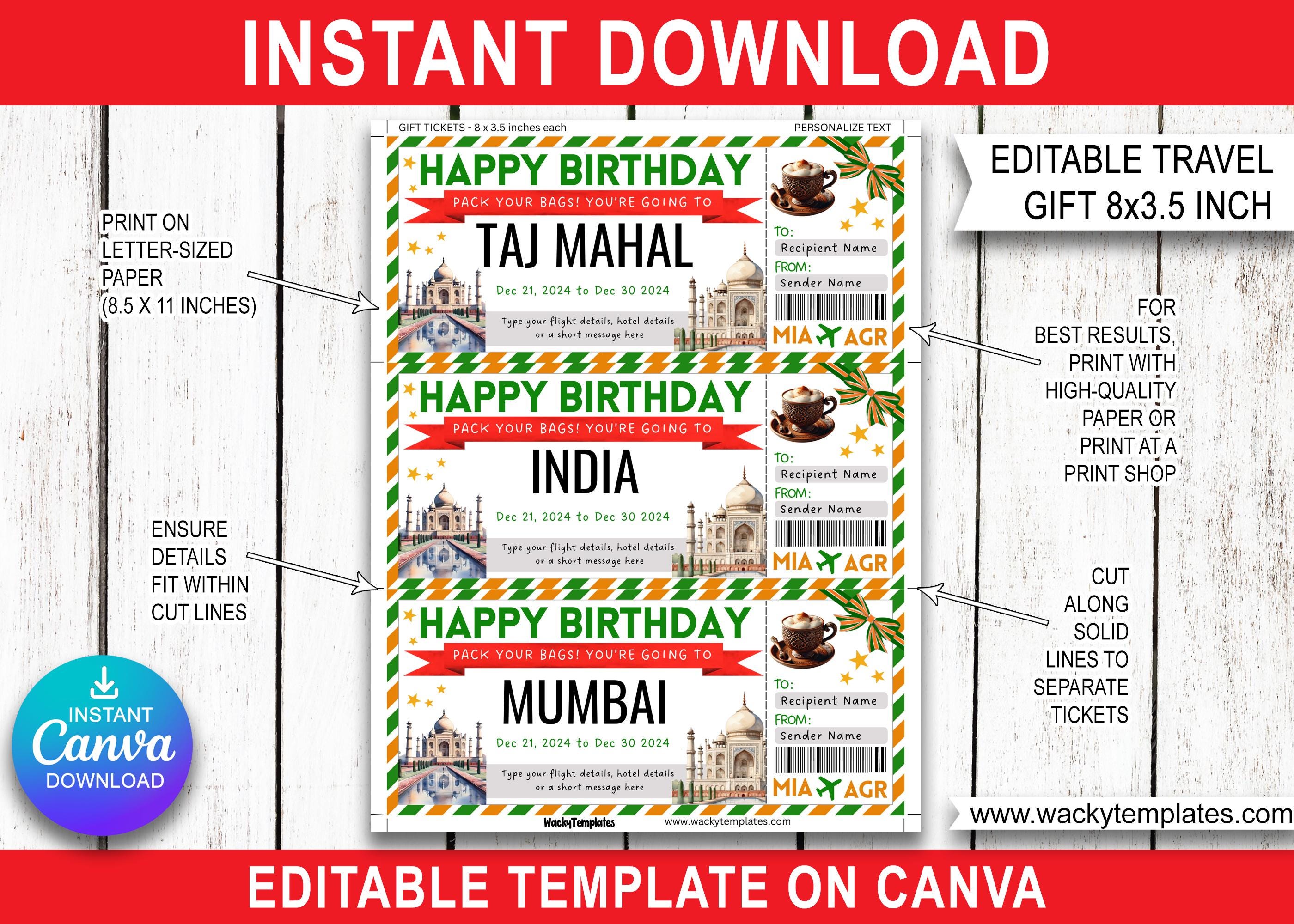 TAJ MAHAL INDIA Mumbai Edit Boarding Pass Ticket Template Voucher ...