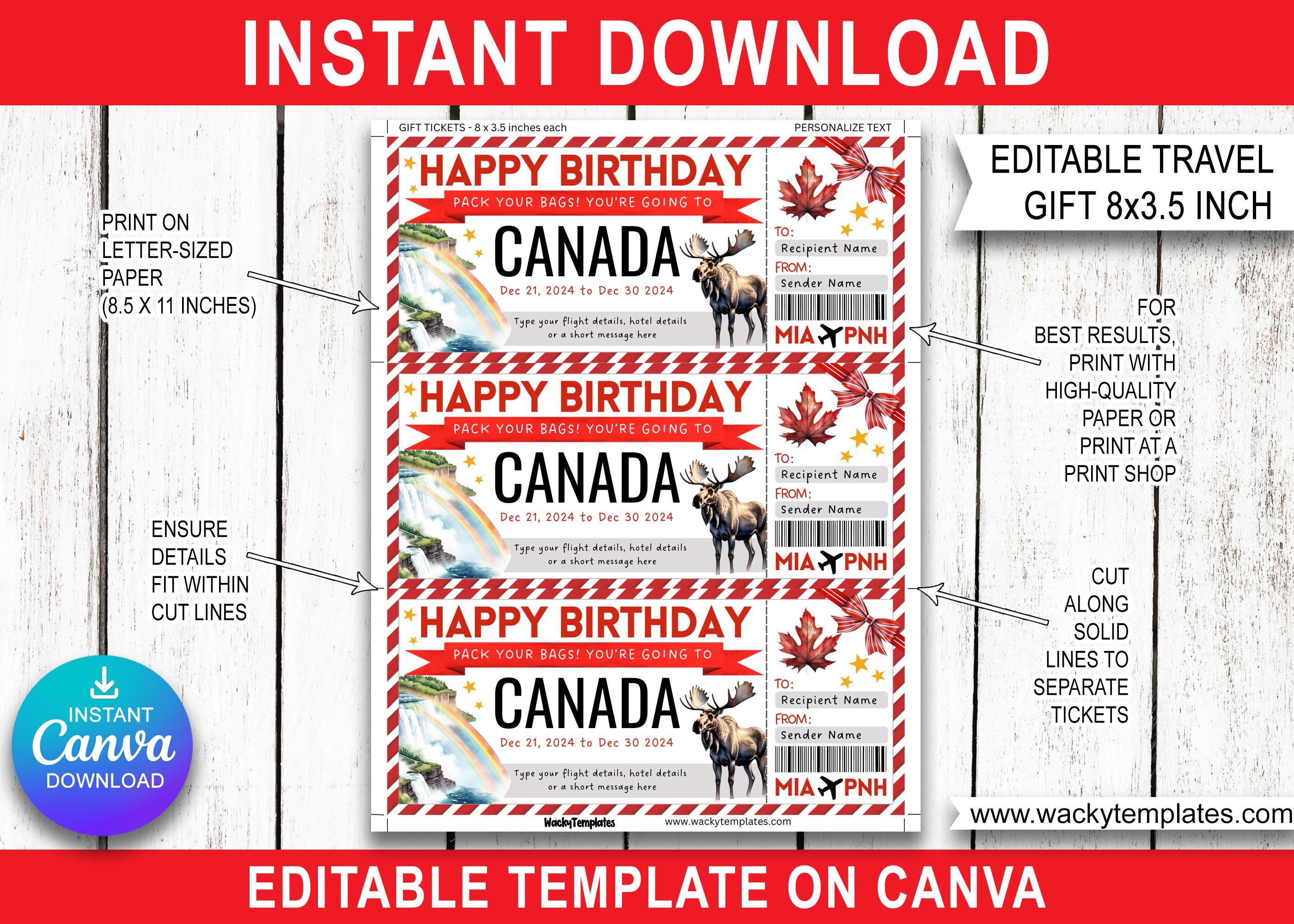 CANADA Editable Boarding Pass Ticket Template Voucher Surprise Trip ...