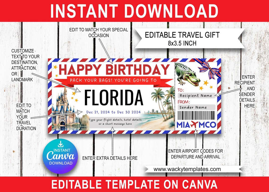 FLORIDA ORLANDO MIAMI Editable Boarding Pass Ticket Template Voucher ...
