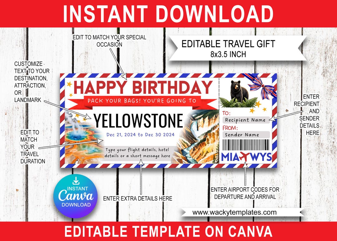 YELLOWSTONE Editable Boarding Pass Ticket Template Voucher Surprise ...