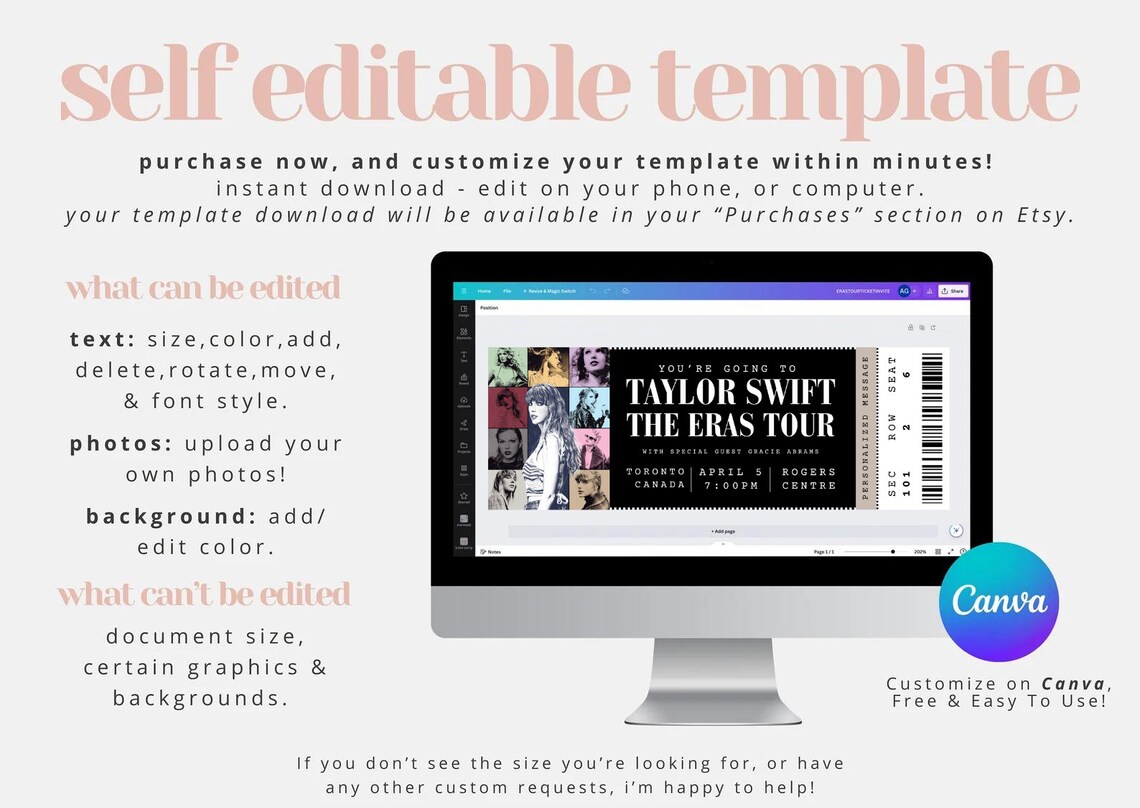 Taylor Swift the Eras Tour Printable Concert Ticket Stub Custom Event ...