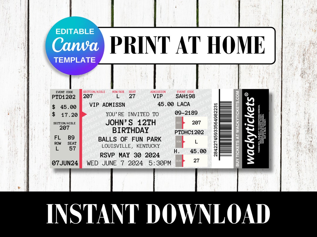 Kid's Birthday Party Invitation | Ticketmaster Concert Ticket Stub ...
