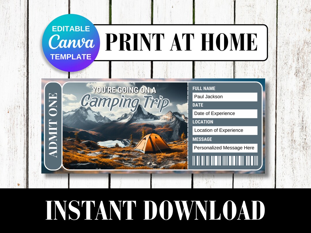 Camping Ticket Template Camping Gift Certificate Outdoor Adventure ...