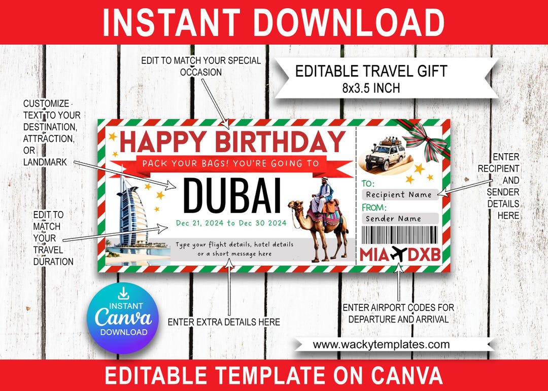 DUBAI UAE ABU Dhabi Edit Boarding Pass Ticket Template Voucher Surprise ...