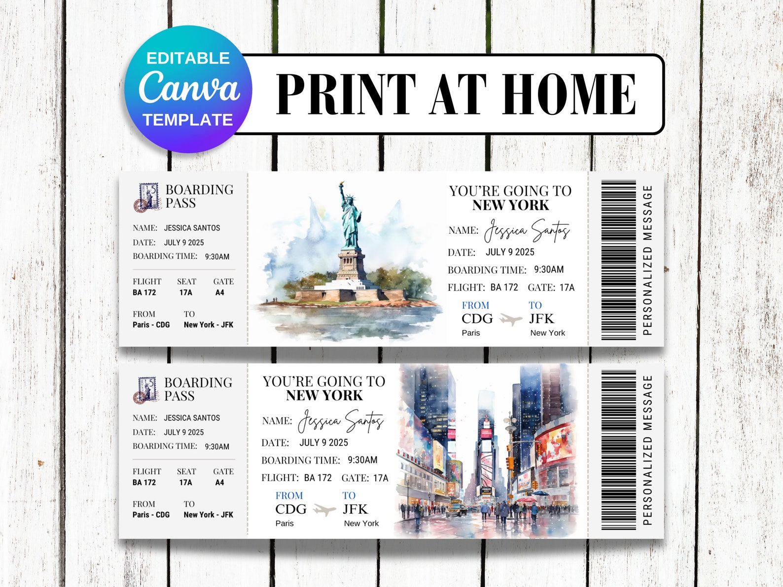 NEW YORK CITY Manhattan Surprise Trip Gift Ticket Boarding Pass ...