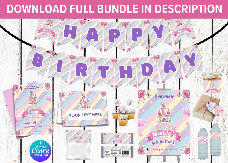 Princess Birthday Party Gift Bag Toppers Food Labels Tags Table Castle ...