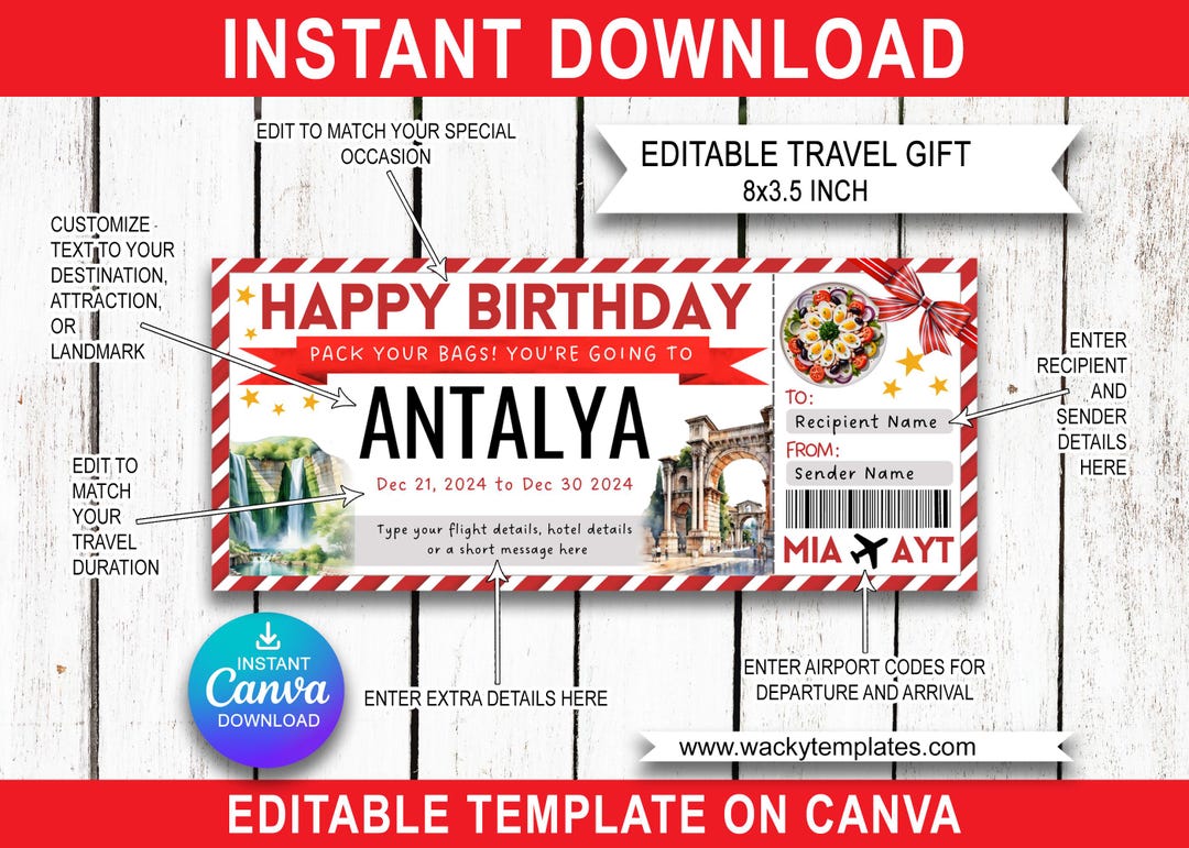 ANTALYA TURKEY IZMIR Editable Boarding Pass Ticket Template Voucher ...