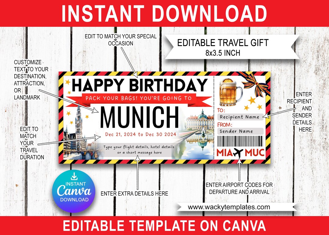 MUNICH GERMANY COLOGNE Editable Boarding Pass Ticket Template Voucher ...