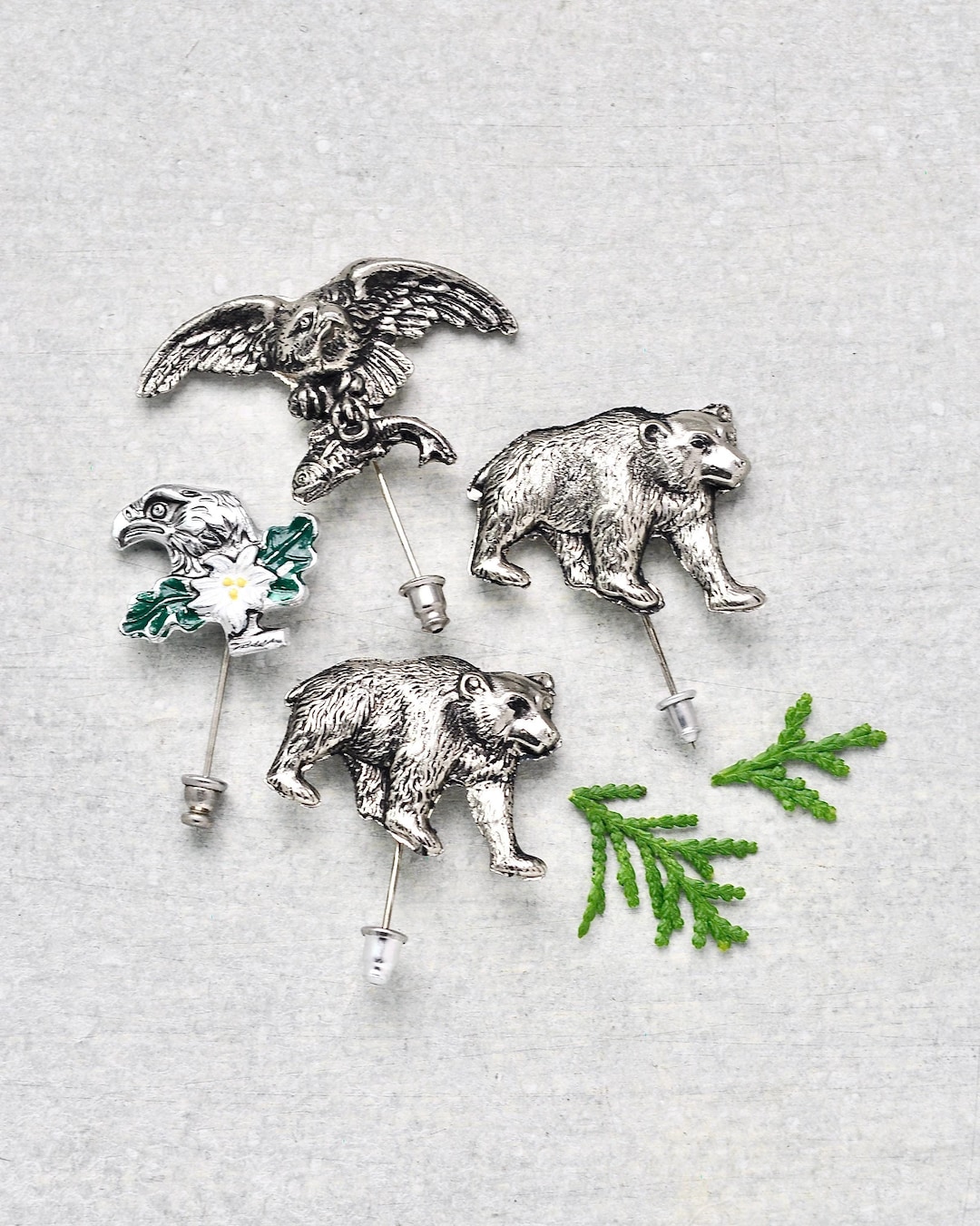 4 Vintage Hunting Brooches - Brown Bear and Bald Eagle, Bird of Prey ...