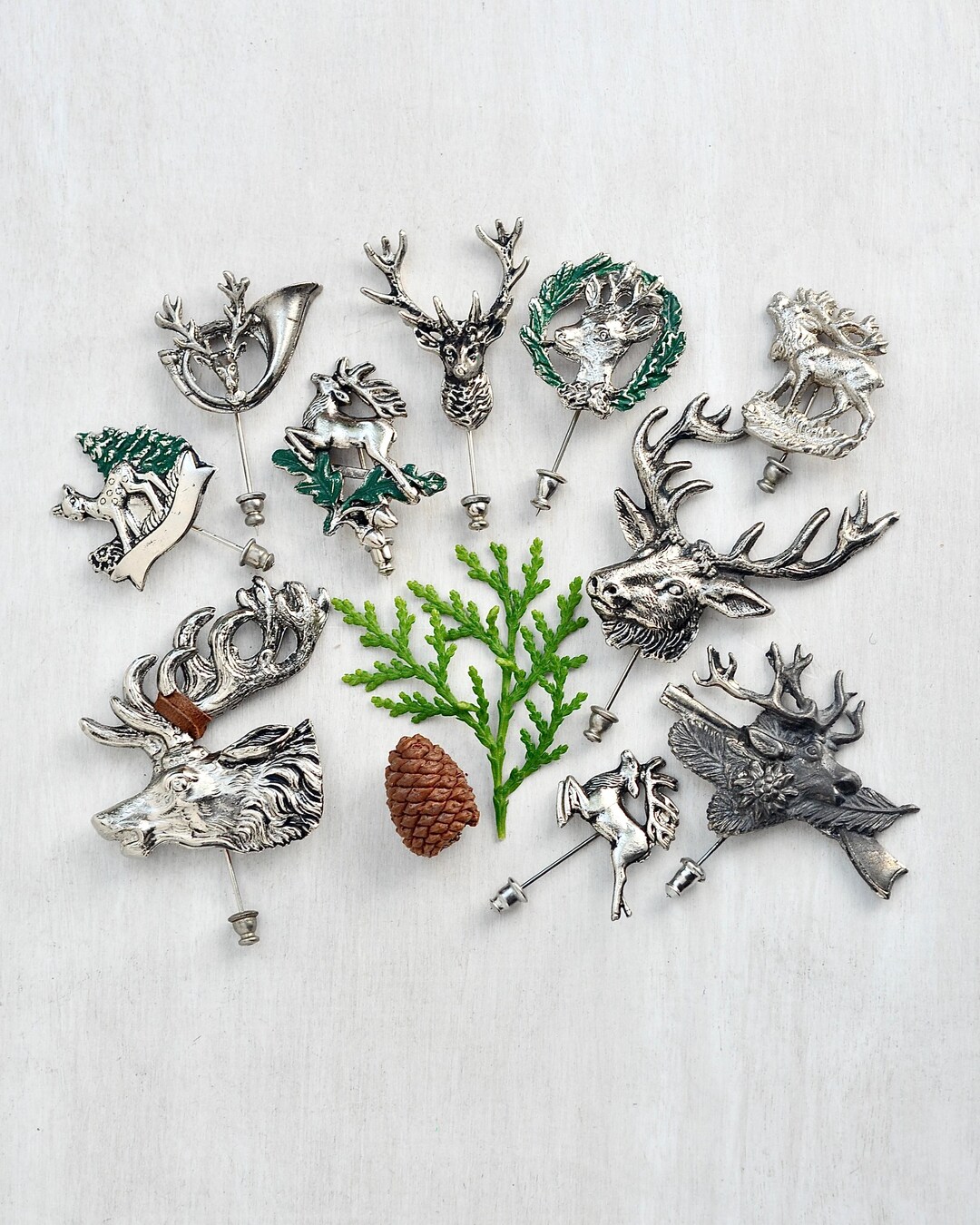 10 Vintage Deer Hunting Pins European Silver Tone Metal Stag Buck ...