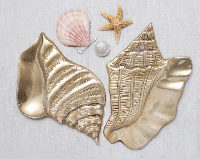 2 Vintage Brass Conch Shells - 7" Shiny Gold Metal Seashell Wall Plaque ...
