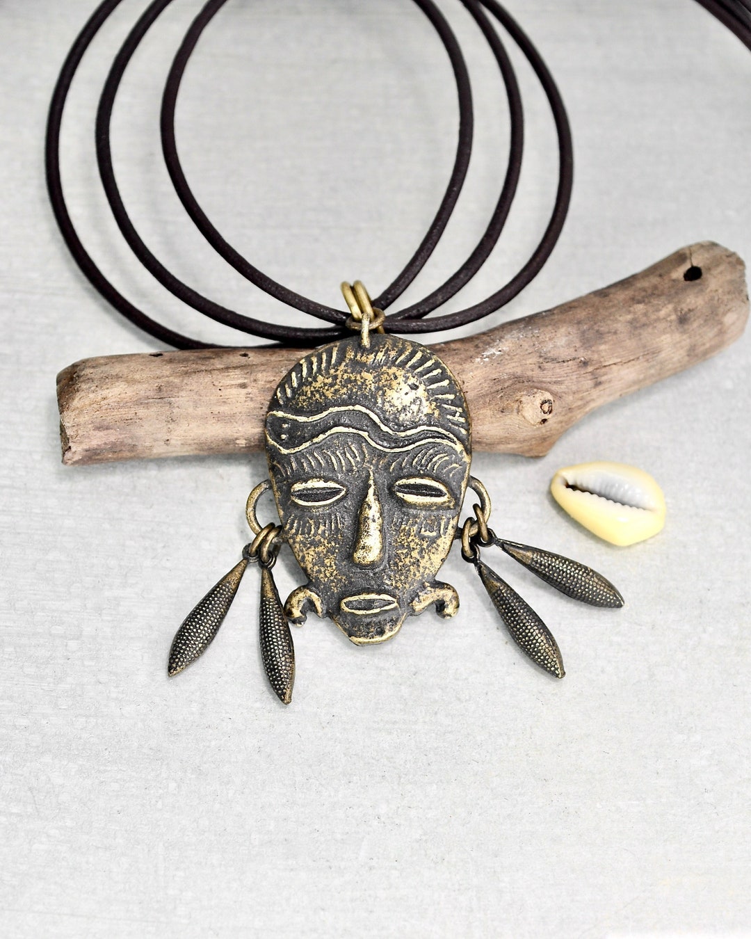 Vintage African Mask Necklace - Brass Tribal Face Pendant on 18" Long ...