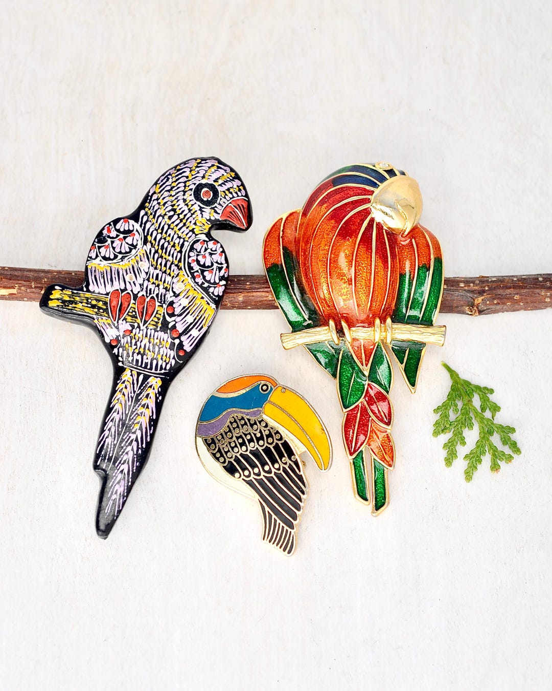 SALE! 3 Vintage Bird Brooches - Gold Tone Enamel Hand Painted Wood ...