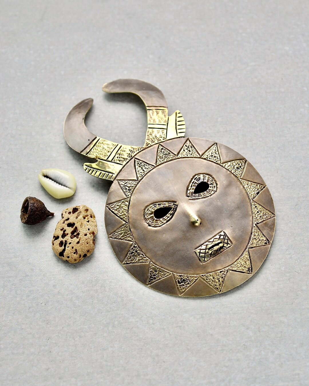 Vintage Brass Mask Brooch - BIG 4.25" African Horned Sun Face Pin ...