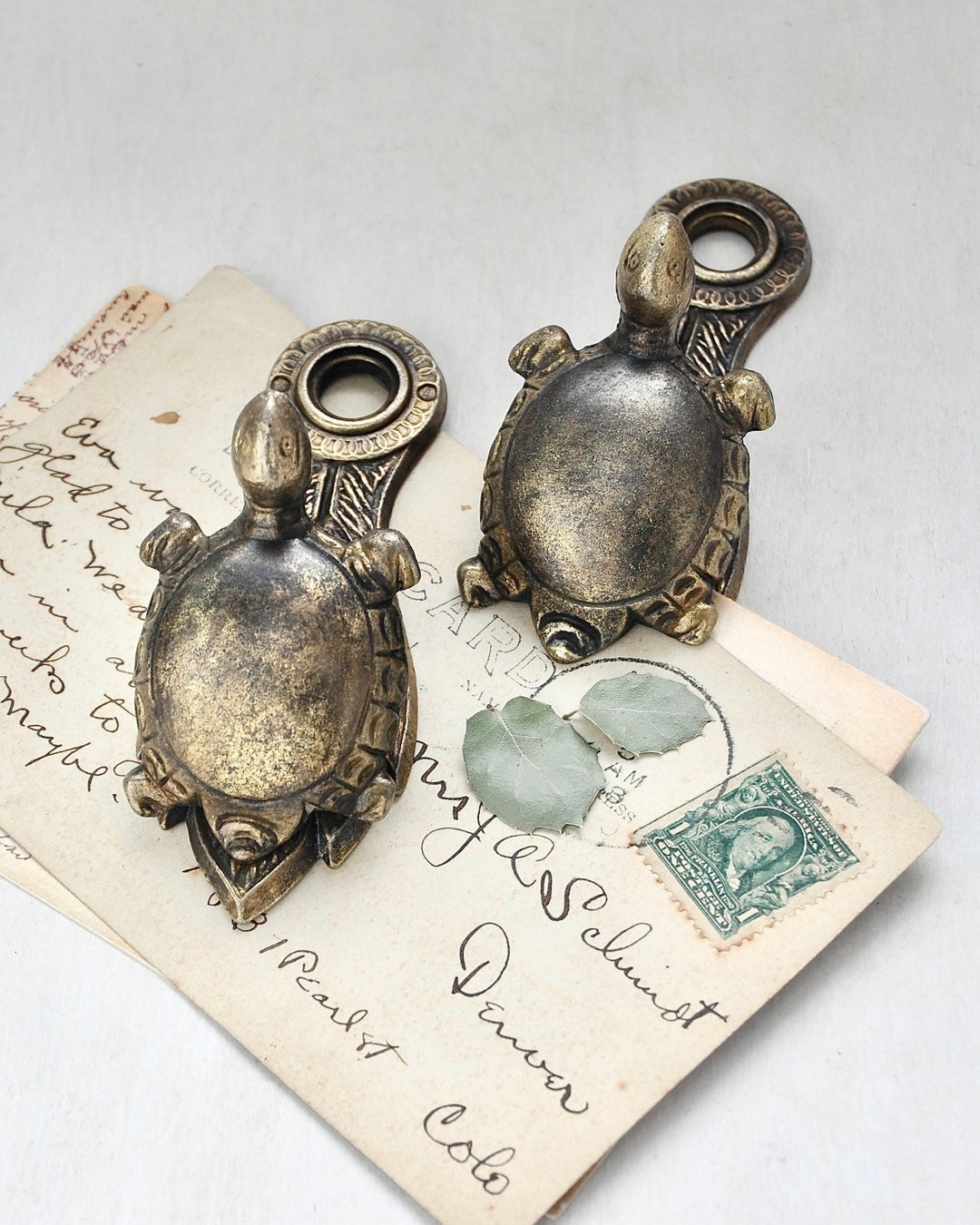 2 Vintage Brass Turtle Clips - Letter Bill Memo Holder Desk Organizer ...