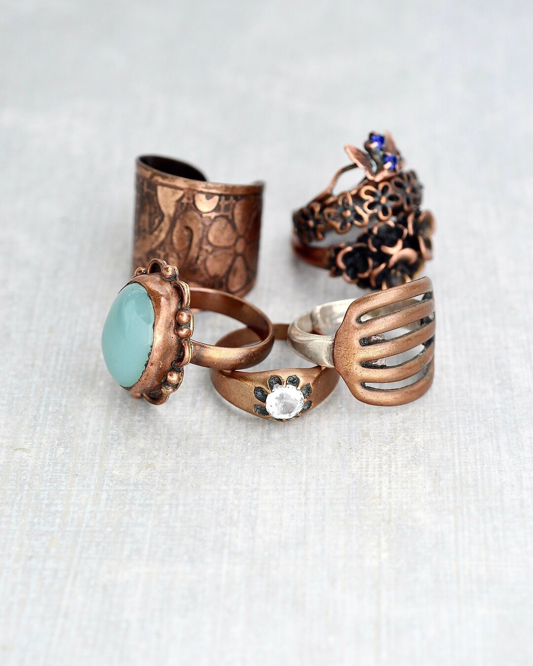 7 Vintage Copper Rings - Artisan Handmade, Cigar Band, Glass Stones ...