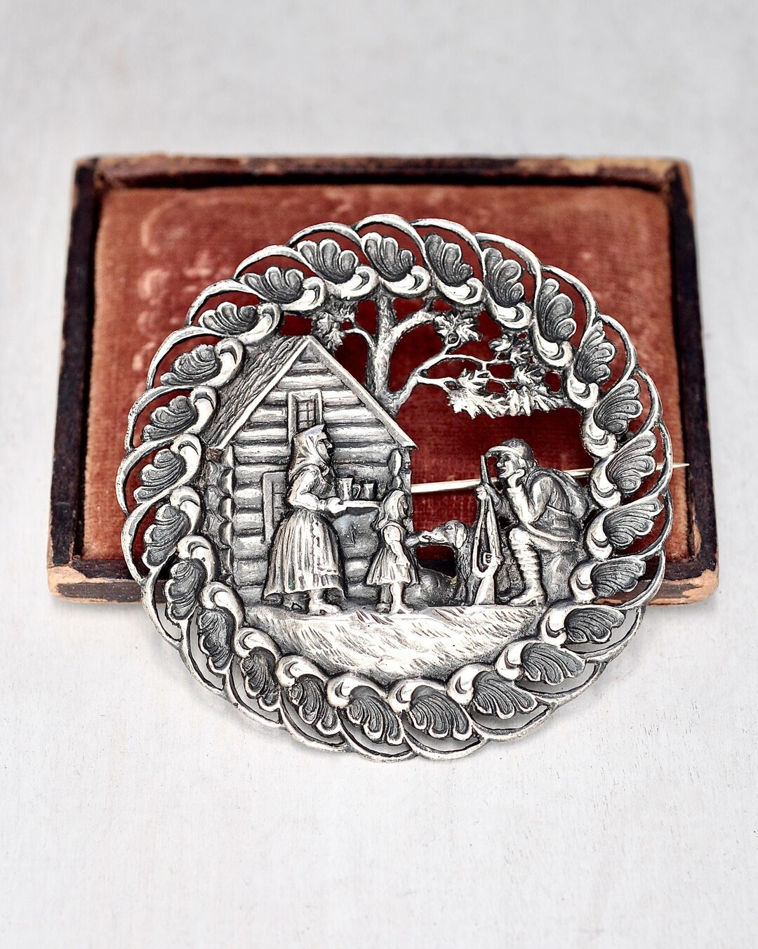 Antique Norwegian Brooch - 830 Silver Large Round Scenic Norway Pin ...
