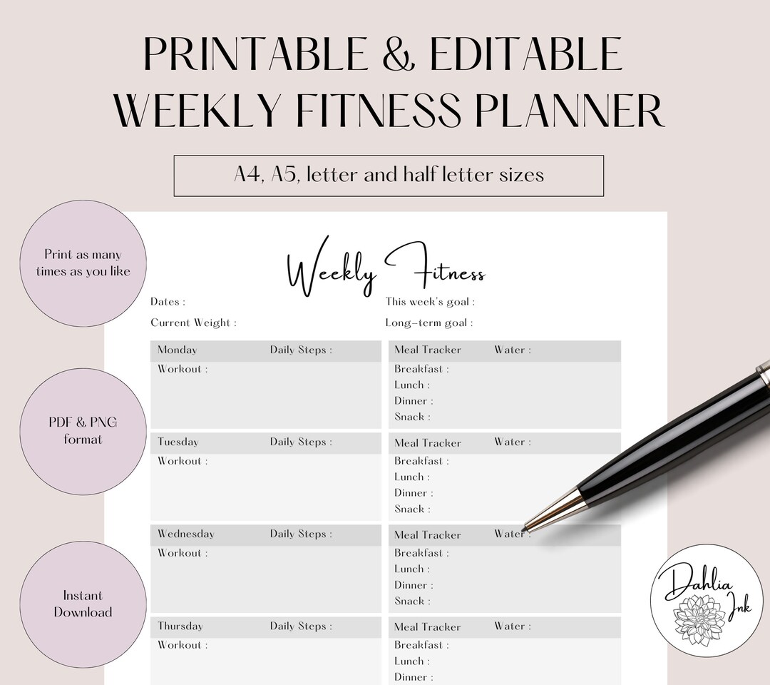 Health and Fitness Printable Planner, Editable Fitness Tracker, Health ...