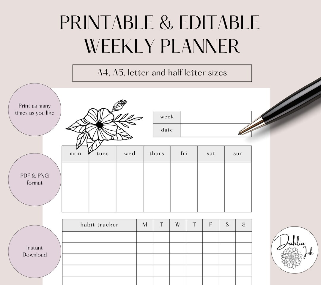 Printable Weekly Planner, Weekly Planner PDF, Printable Week Planner ...