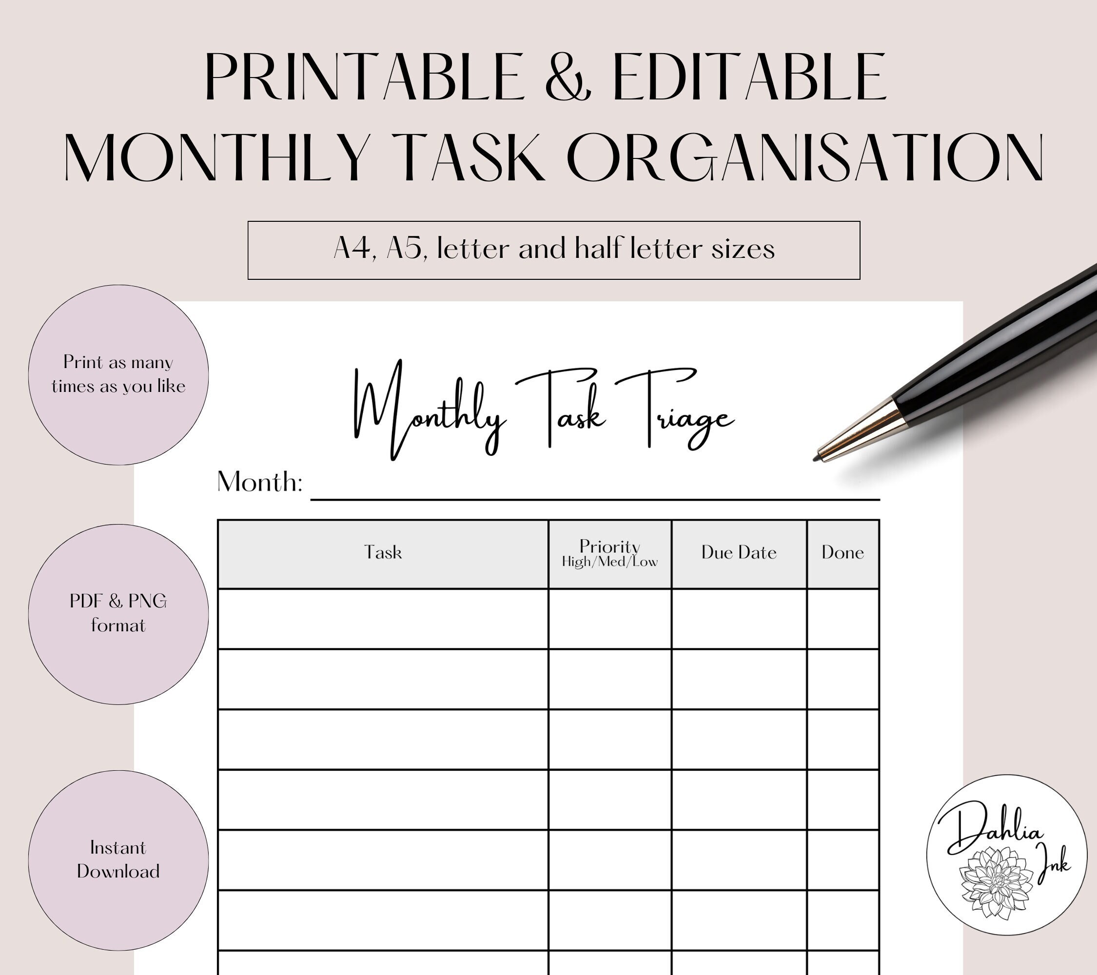 Monthly Task Triage Printable, Monthly Planner Insert, Task Organizer ...
