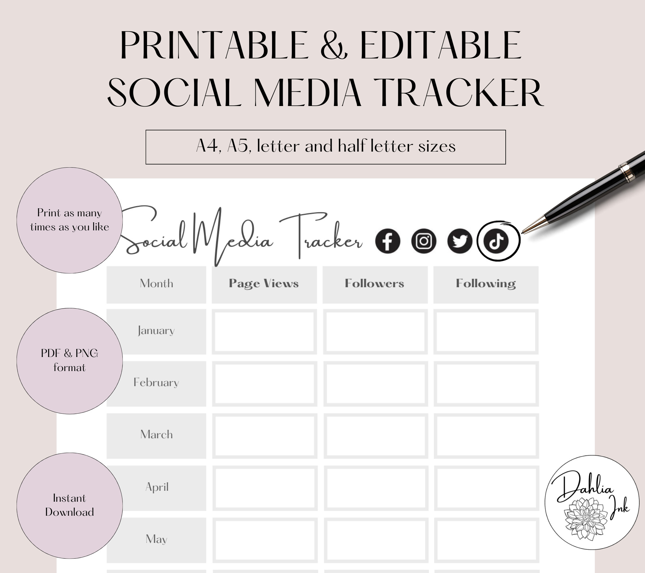 Social Medial Tracker Printable and Editable, Content Tracking Tool ...