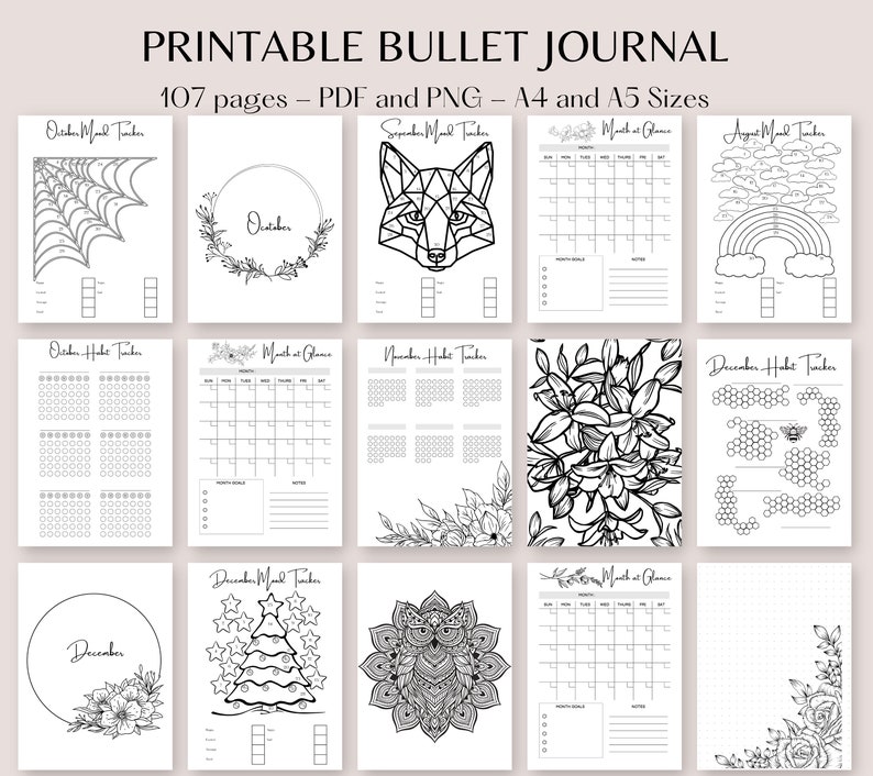 107 Page Bullet Journal, A4 and A4 Printable Bujo, Bullet Journal ...
