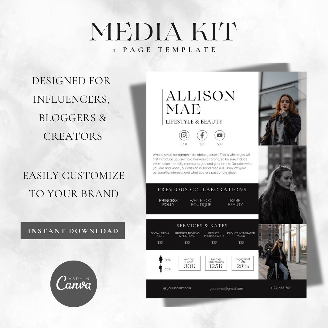 Black Media Kit Canva Template| Instagram Media Kit| 1 Page Media Kit ...