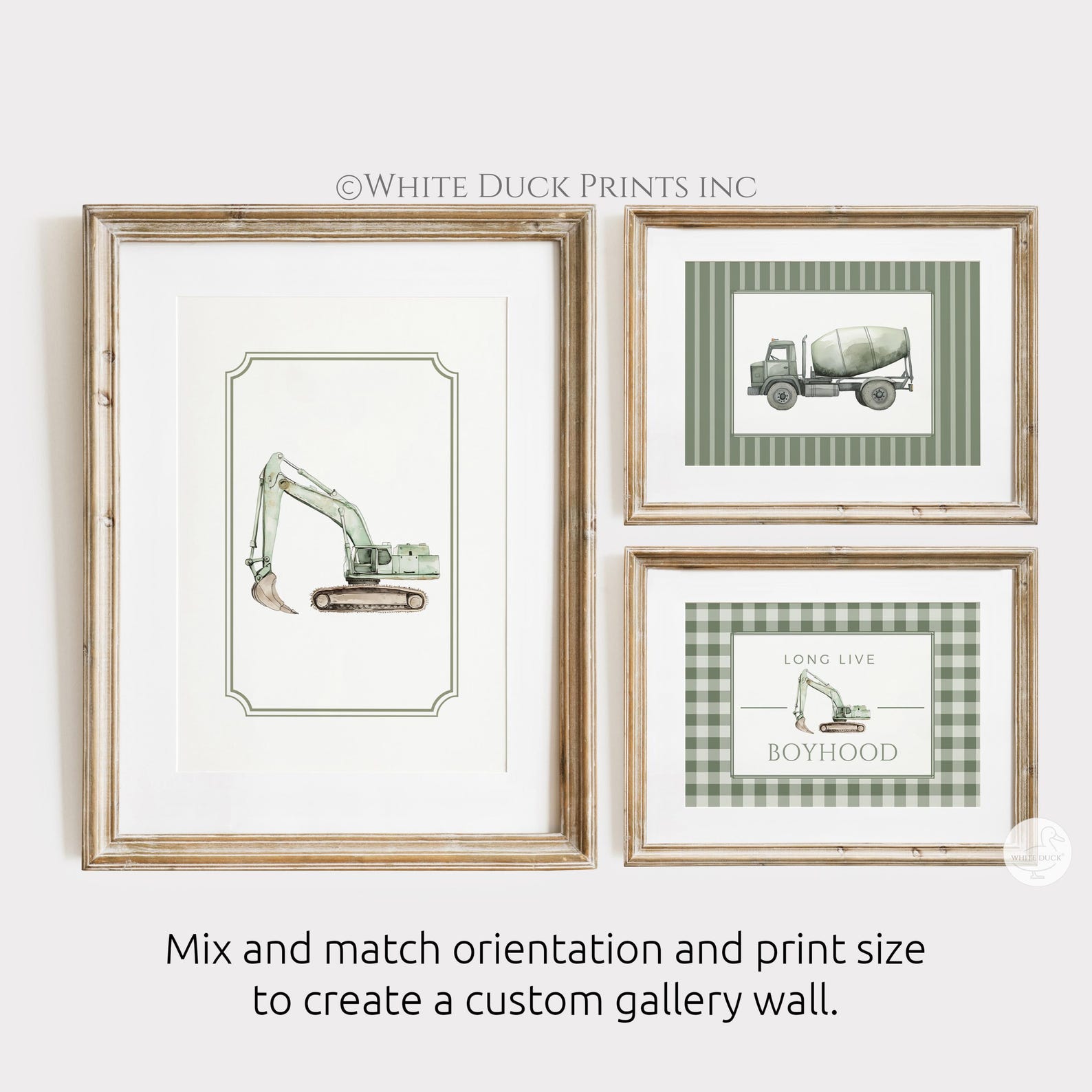 Sage Green Construction Vehicle Wall Art Digger Trucks Boy Room Prints ...