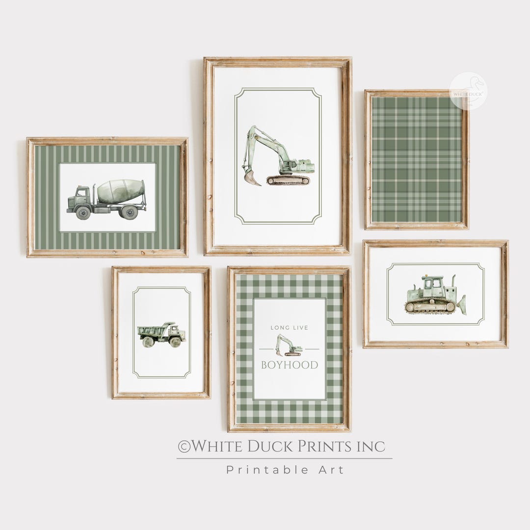 Sage Green Construction Vehicle Wall Art Digger Trucks Boy Room Prints ...