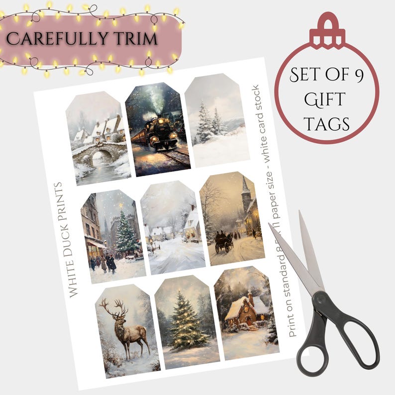 Printable Christmas Gift Tags, Vintage Winter Gift Tags Set of NINE ...