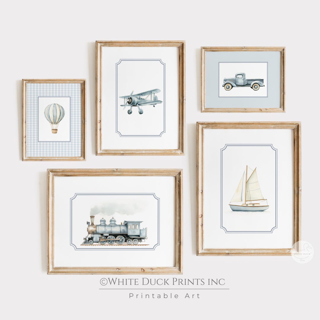 Travel Boy Nursery Wall Art | Blue Vintage Transportation Prints | Boy ...
