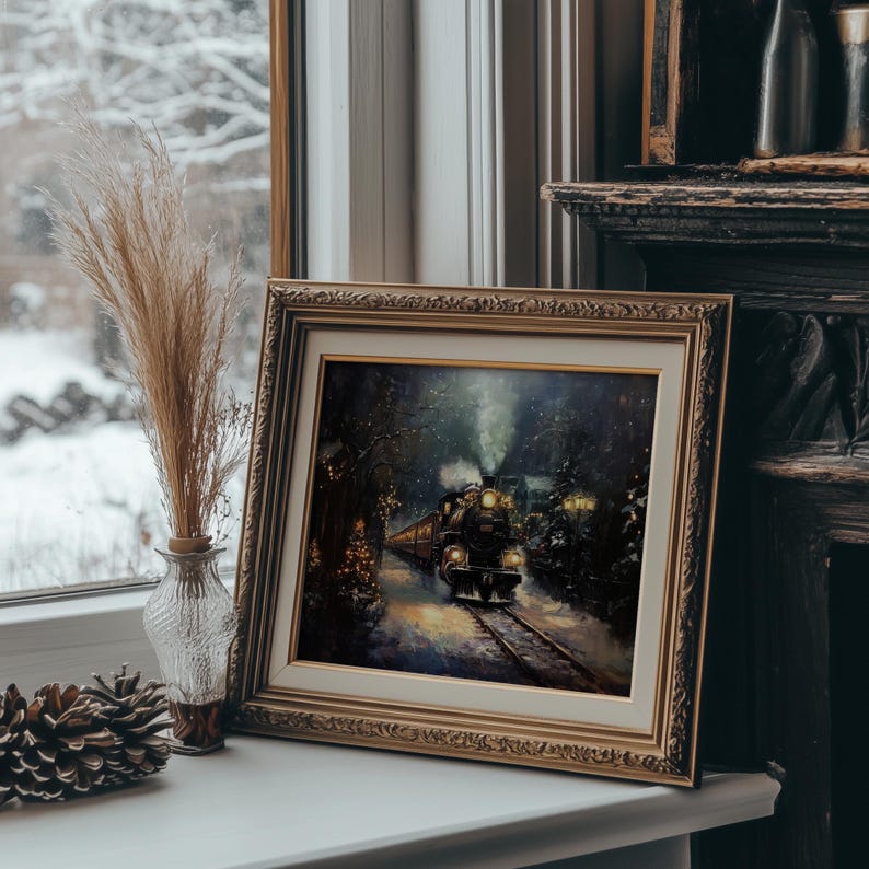 Printable Vintage Steam Engine Oil Painting, Rustic Christmas Express ...