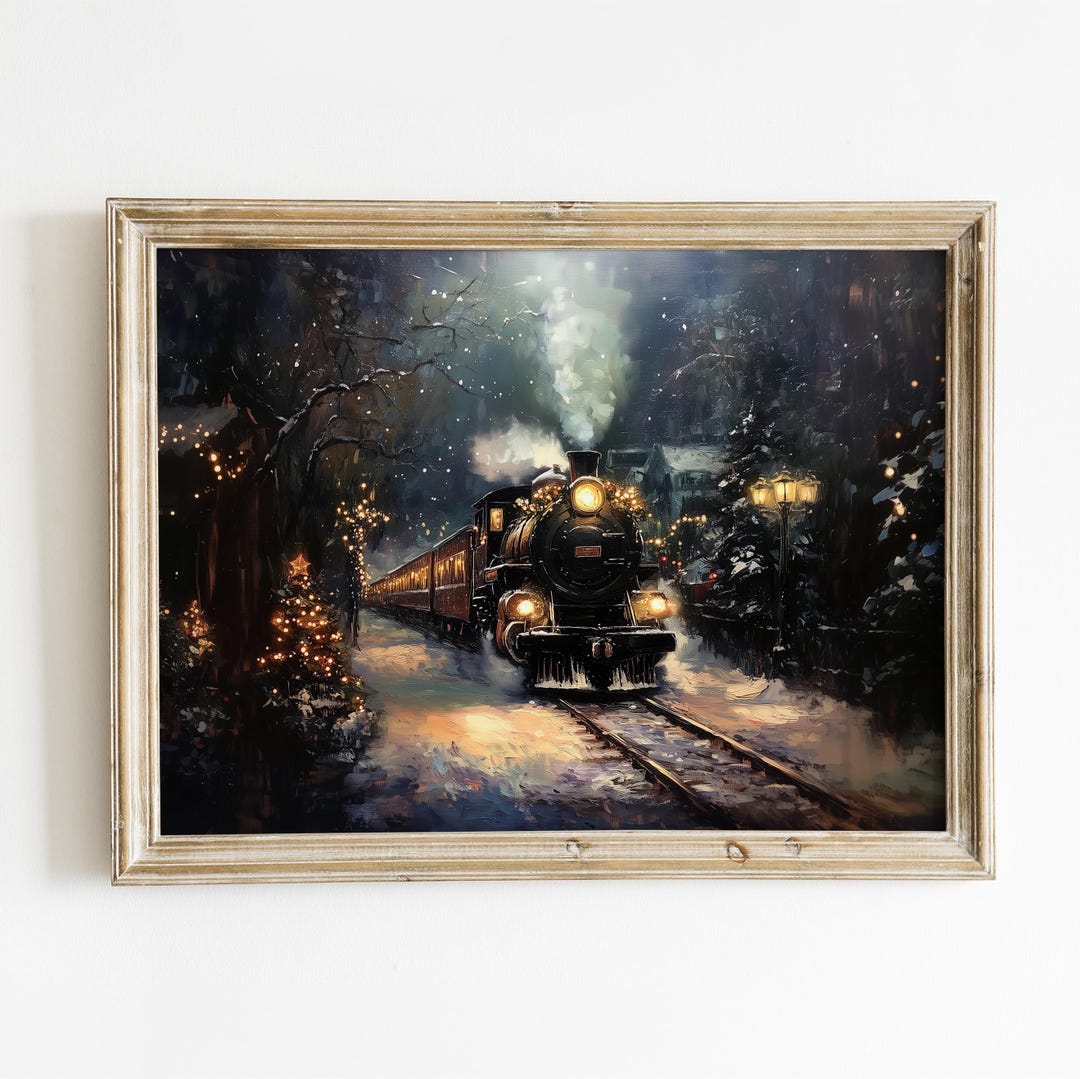 Printable Vintage Steam Engine Oil Painting, Rustic Christmas Express ...
