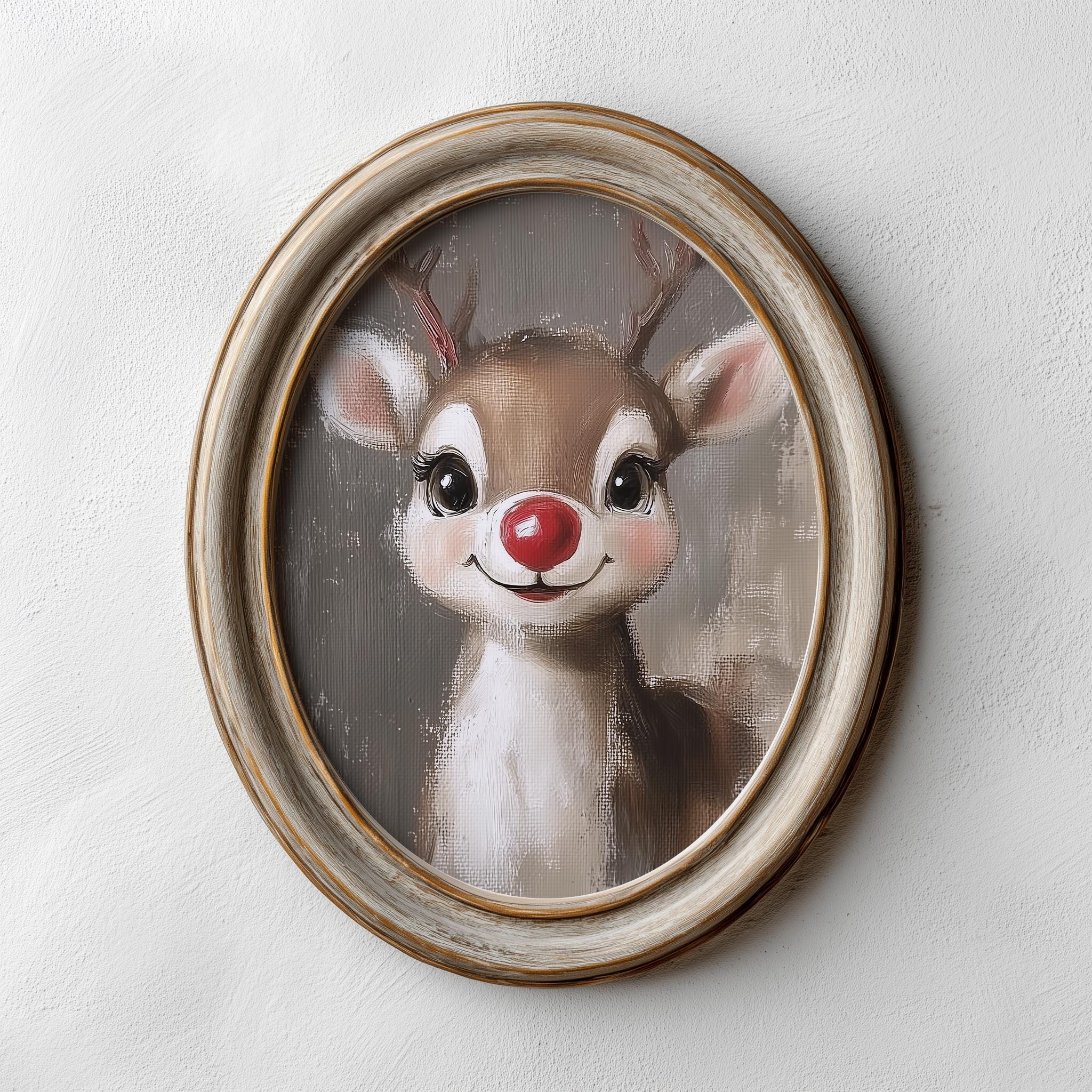 Printable Vintage Rudolph Reindeer Oil Painting, Rustic Christmas ...