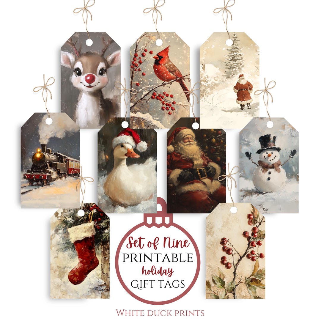Printable Christmas Gift Tags, Vintage Winter Gift Tags Set of NINE ...