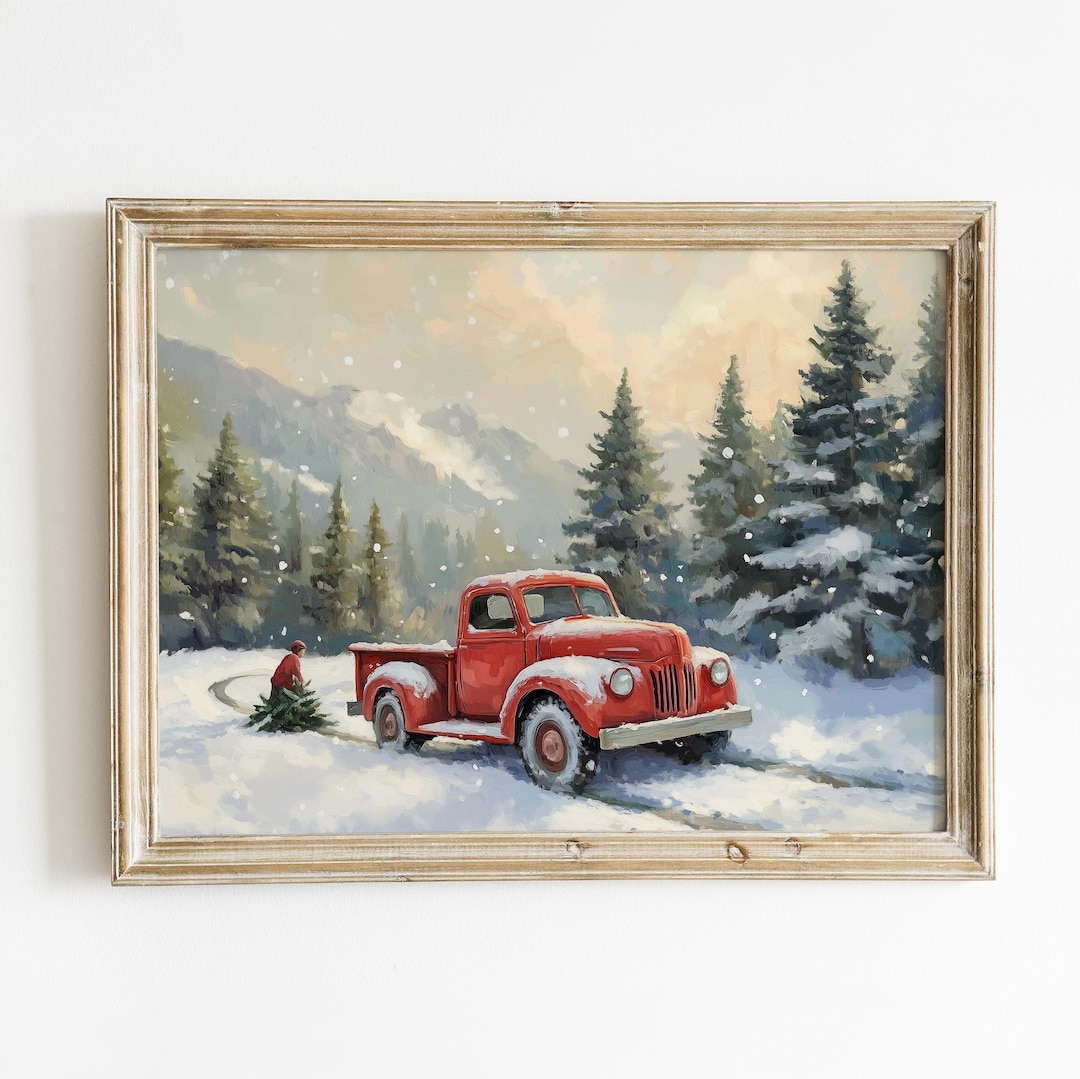 Vintage Christmas Truck Holiday Printable Wall Art, Red Truck Winter ...
