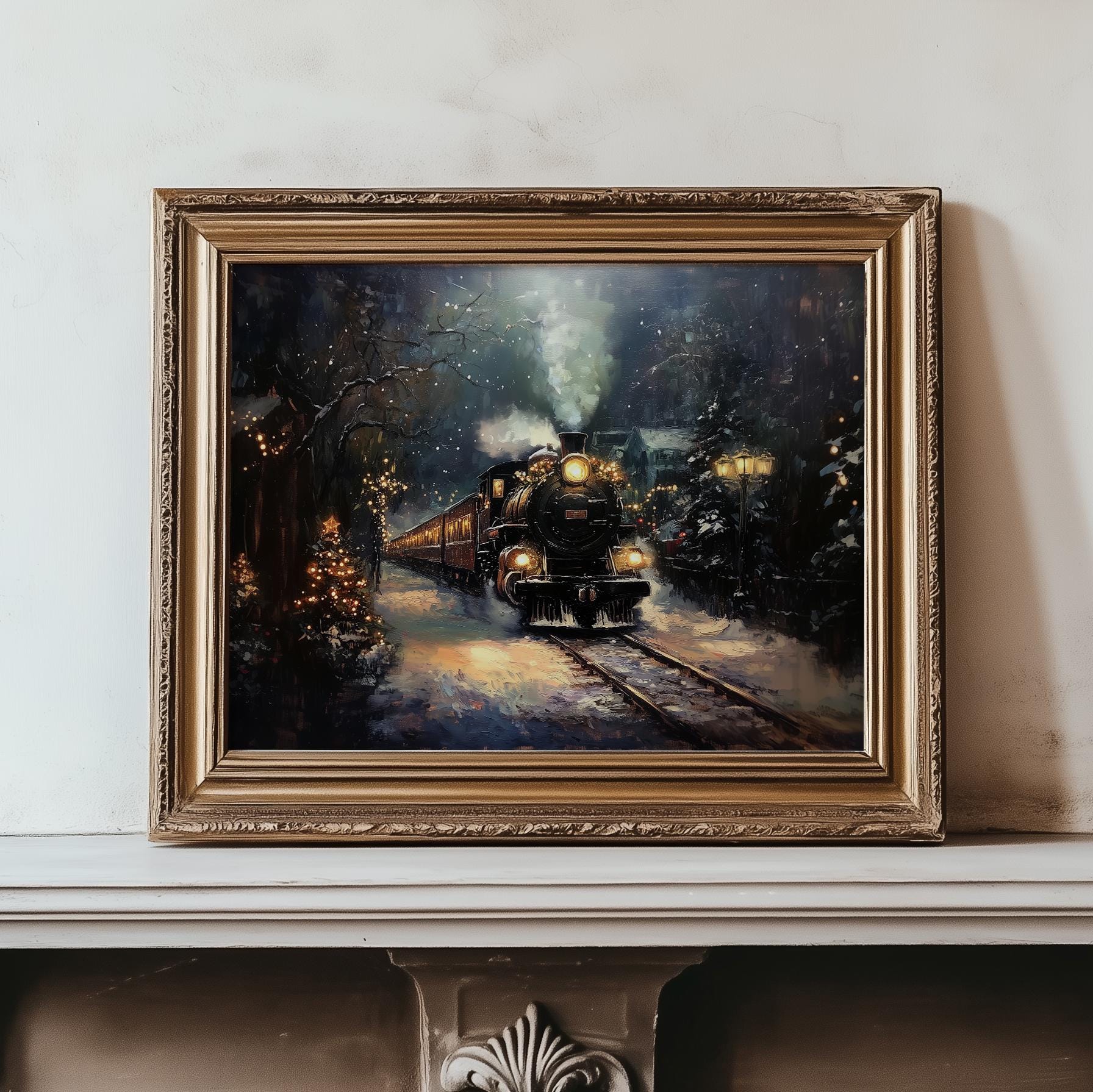 Printable Vintage Steam Engine Oil Painting, Rustic Christmas Express ...