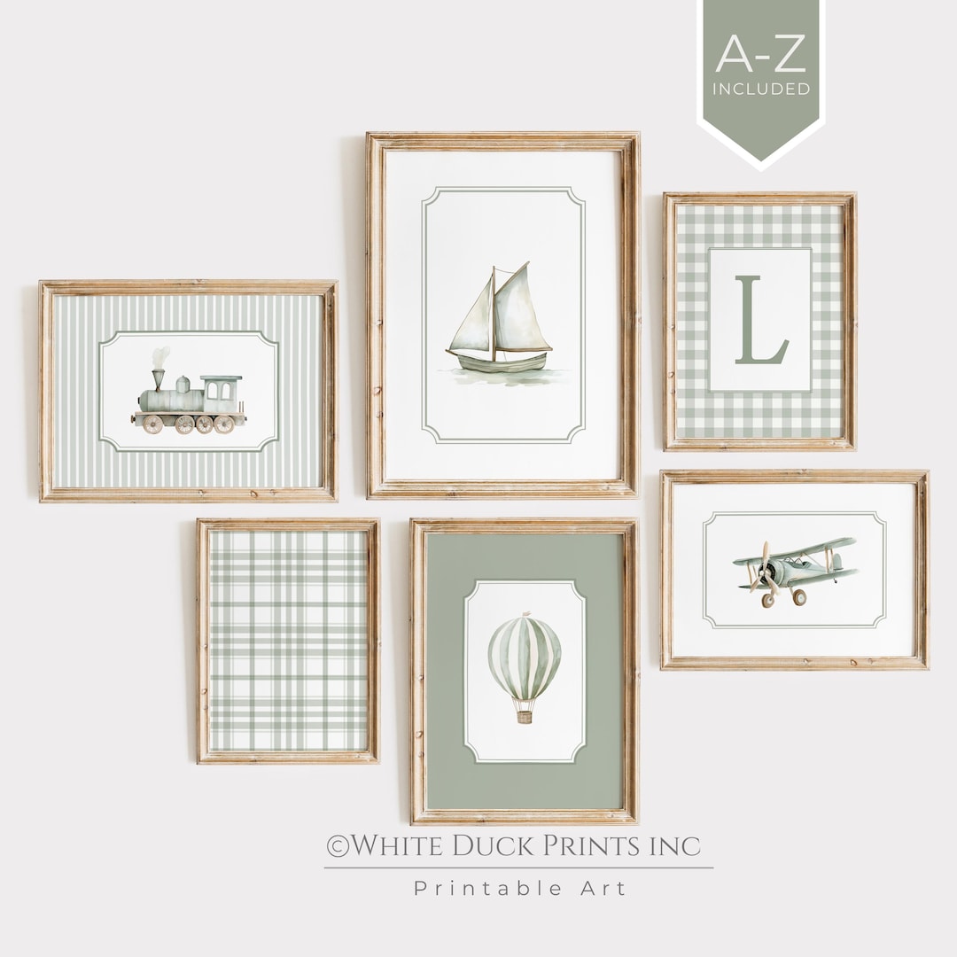 Sage Green Vintage Travel Nursery Wall Art, Personalized Intial Print ...