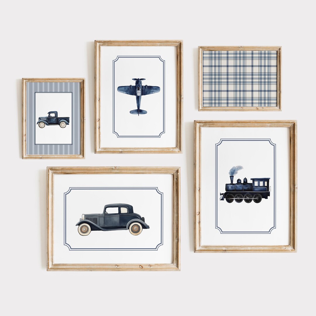 Vintage Transportation Nursery Wall Art Navy Blue Vintage Car Plane ...