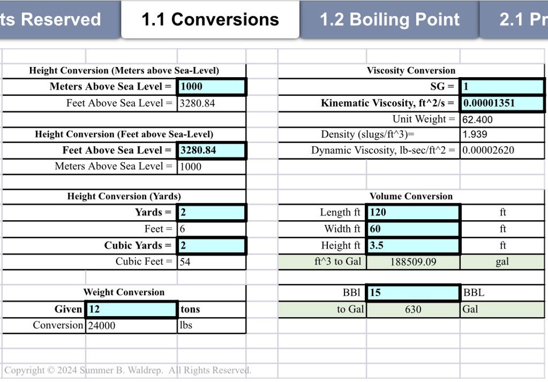Fluid Mechanics Capacity, Boiling Point, Conversions Ch.1-2 Excel ...