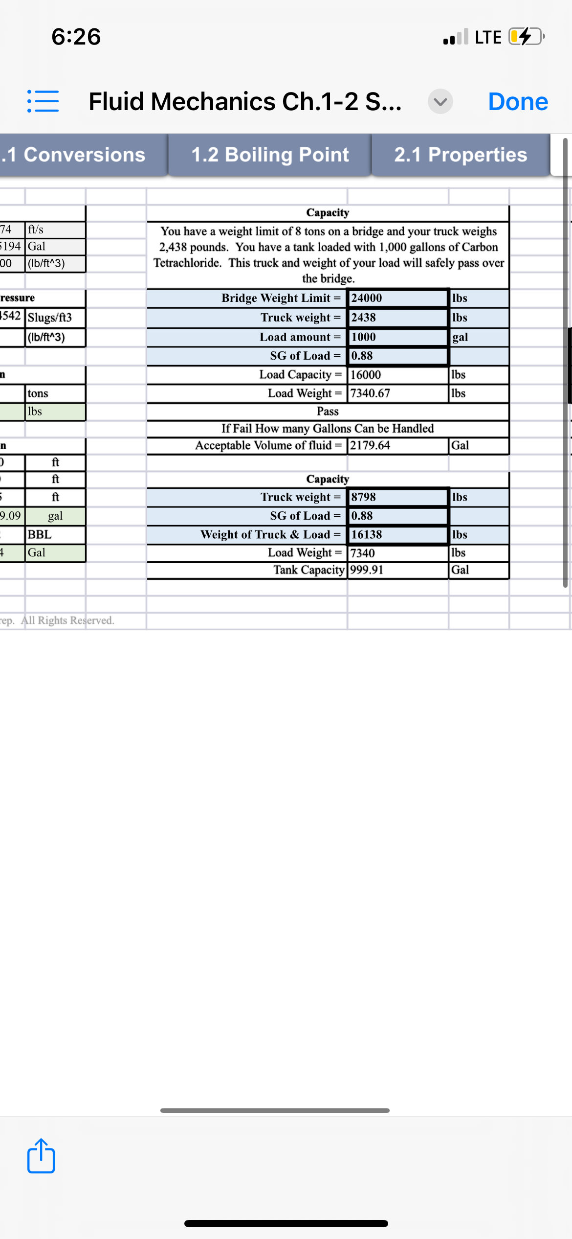 Fluid Mechanics Capacity, Boiling Point, Conversions Ch.1-2 Excel ...