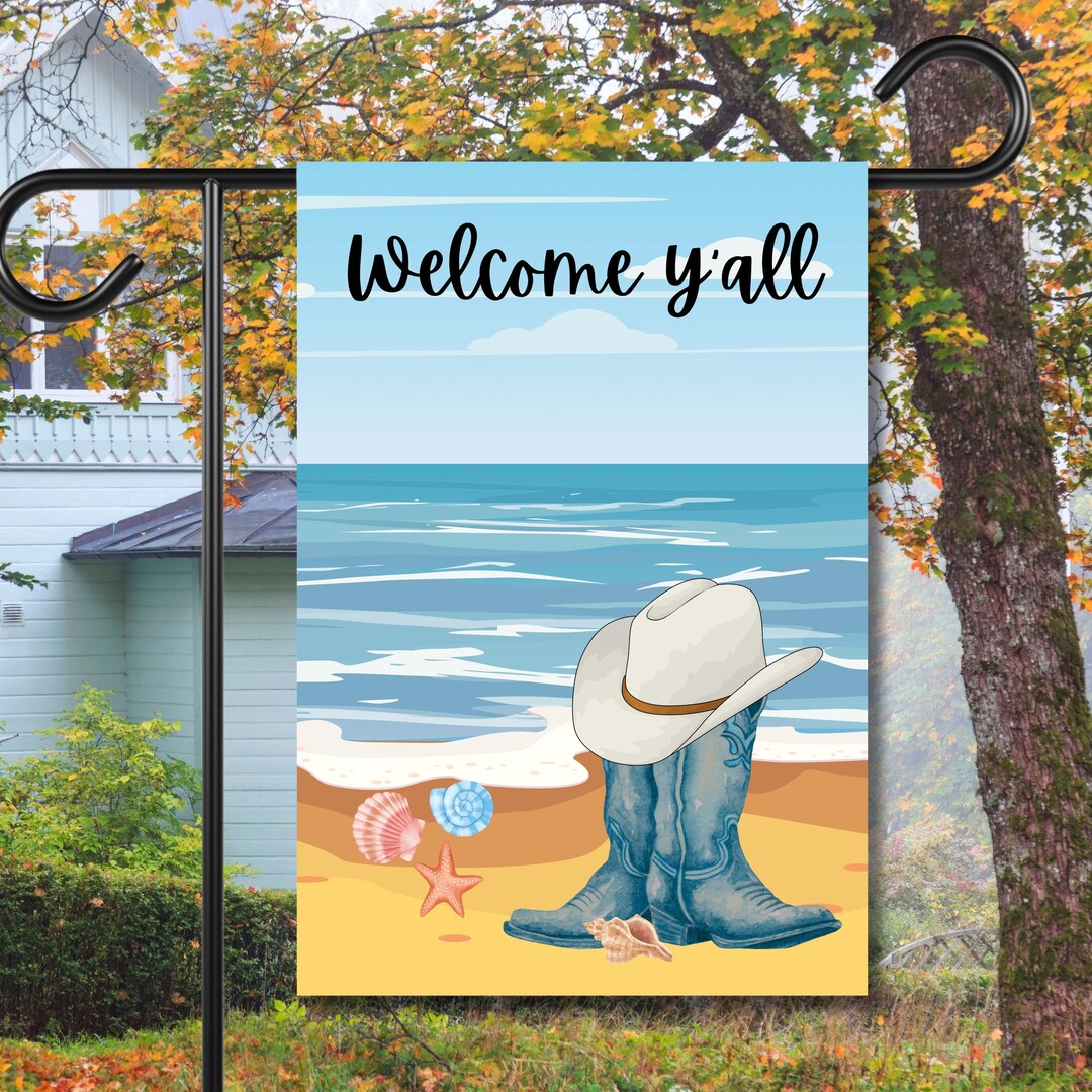Beach Welcome Banner for Home, Coastal Cowboy Flag, Summer Garden Flag ...
