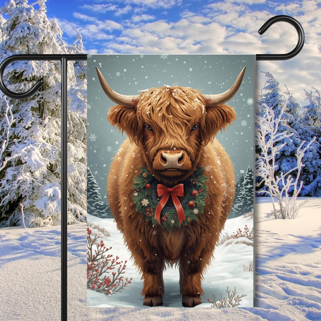 Garden Banner, Holiday Highland Cow Christmas Santa Hat Wreath Snow ...